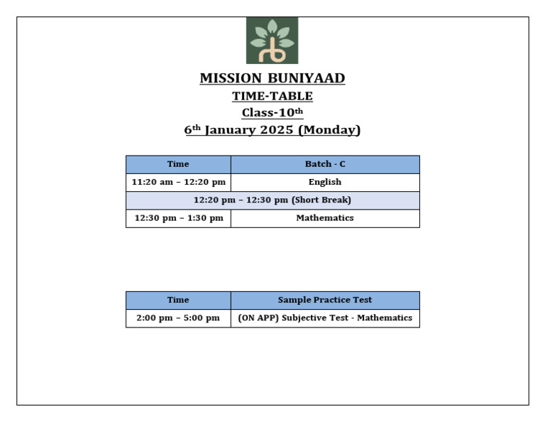 10th Batch-C Time Table 6th Jan. 2025 | PDF