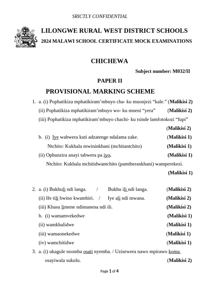 Chichewa Paper II MSCE Mock Marking Key Edited | PDF