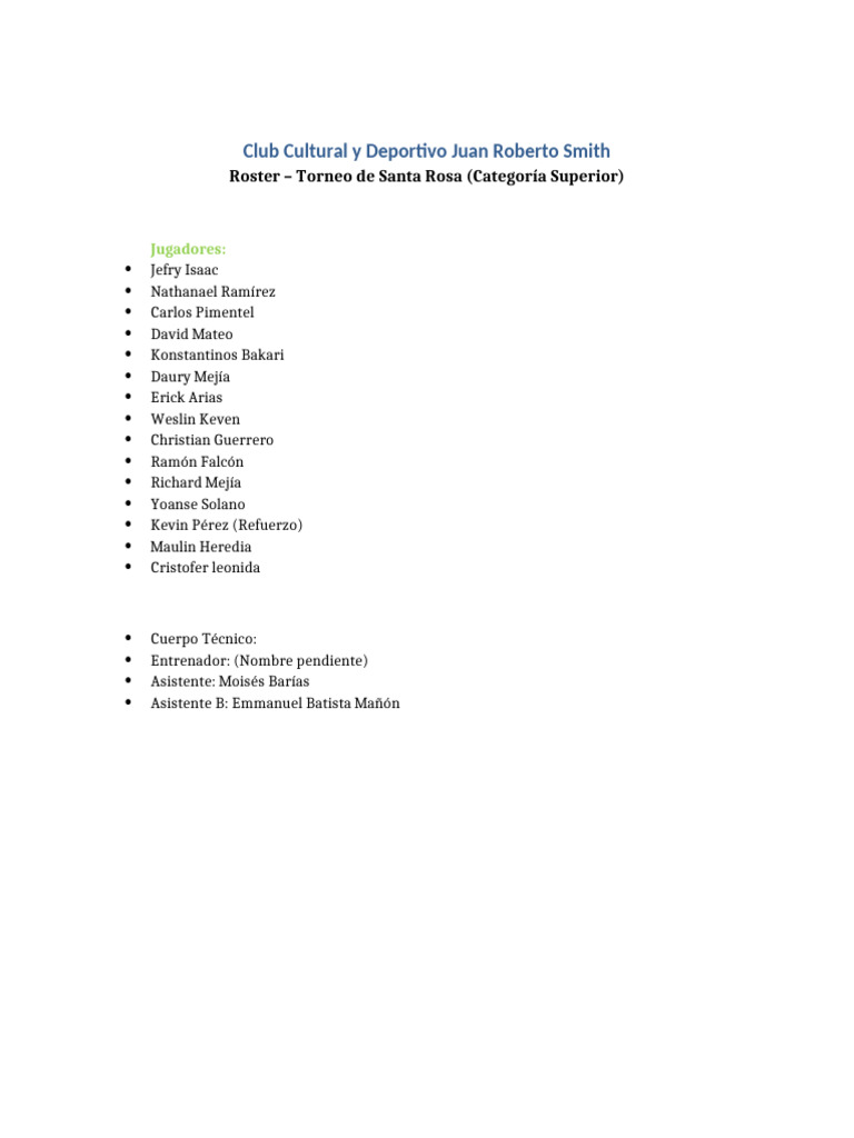 Roster Club Juan Roberto Smith - Torneo Santa Rosa | PDF