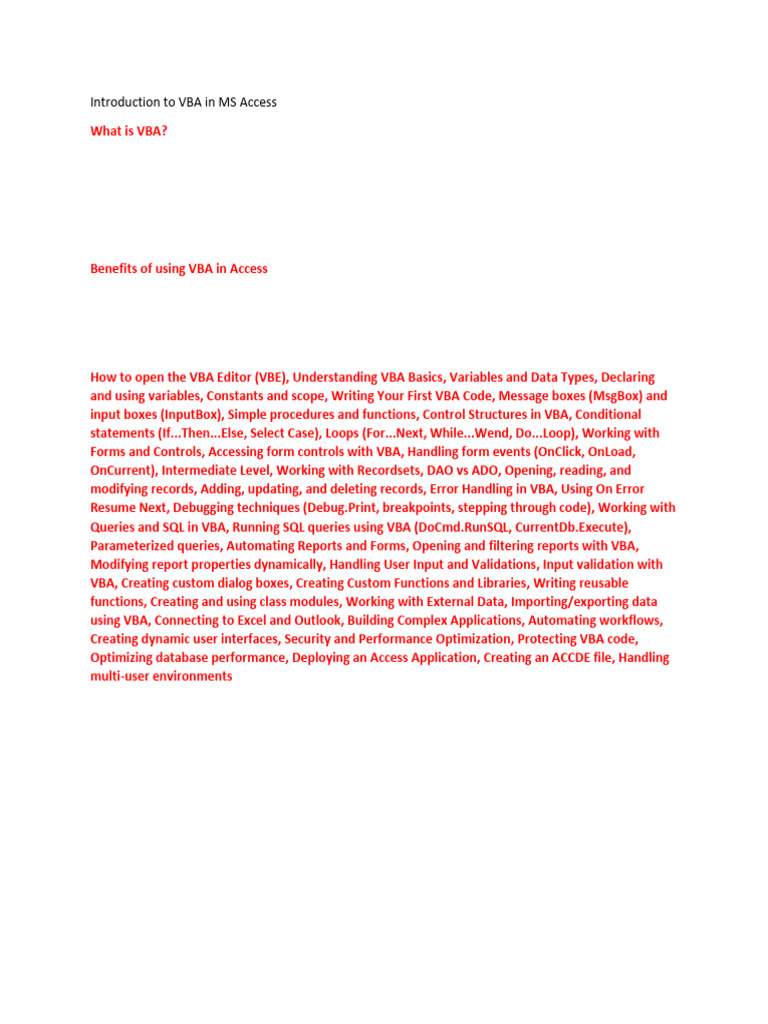 Introduction To VBA in MS Access | PDF | Microsoft Access | Visual Basic For Applications