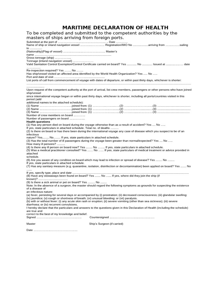 Maritime Health Declaration Form | PDF | Port | Tonnage