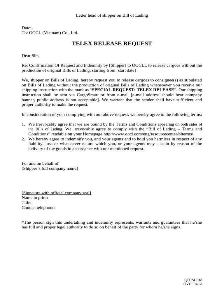 Telex Release Request for Cargo Release | PDF