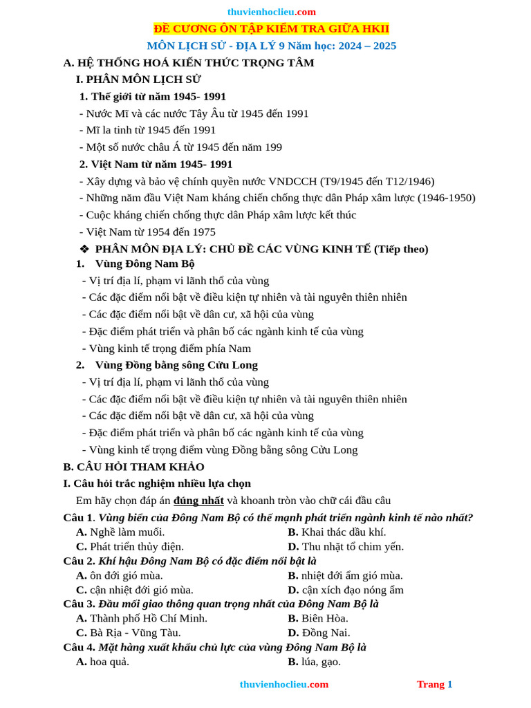 On Tap Giua HK2 Lich Su Dia Li 9 | PDF