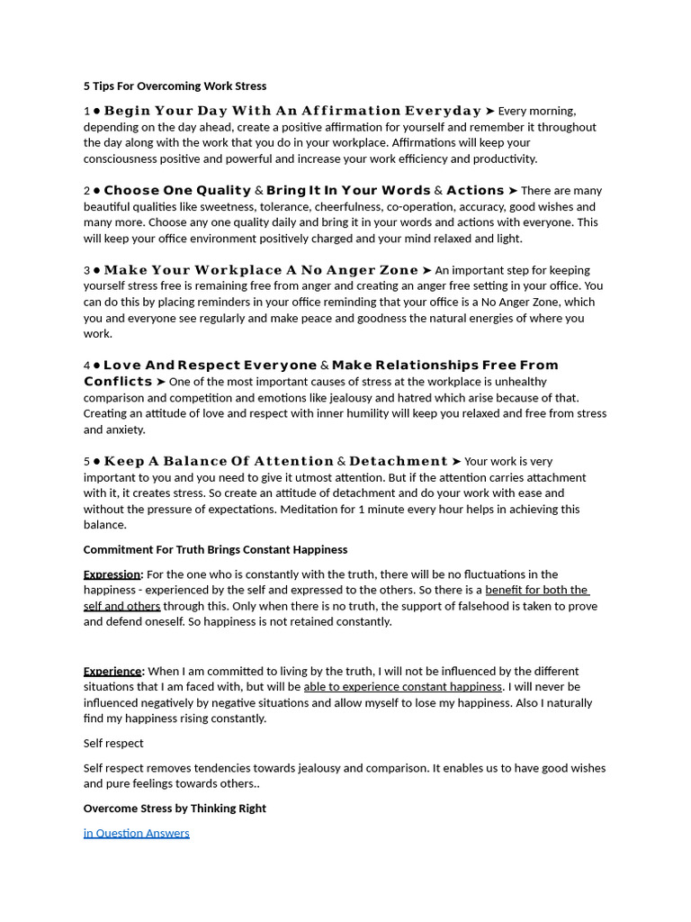 5 Tips For Overcoming Work Stress | PDF | Happiness | Self Esteem