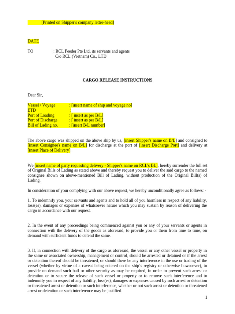 (7A) Cargo Release Instruction-Shipper | PDF | Bill Of Lading | Indemnity