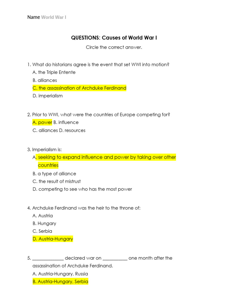 World War 1 -Worksheet. 1 pdf | PDF