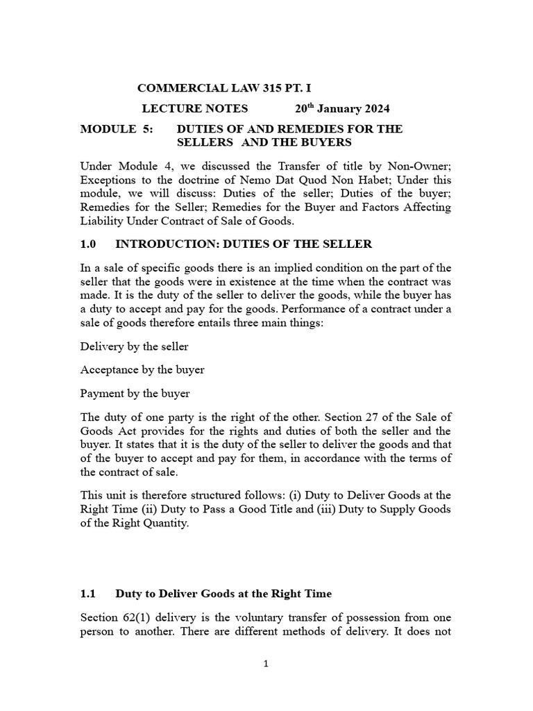 Seller and Buyer Duties in Commercial Law | PDF | Breach Of Contract ...