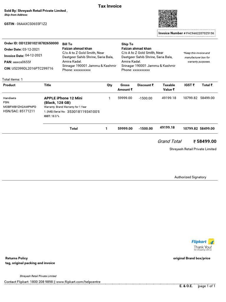 iPhone 12 Mini Invoice from Flipkart | PDF | Mac Os | I Phone