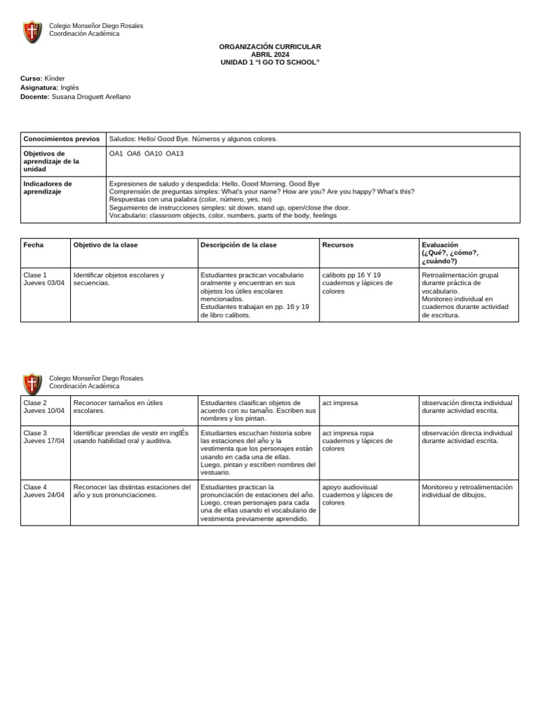 Plan de Clases de Inglés para Kínder | PDF | Aprendizaje | Cognición