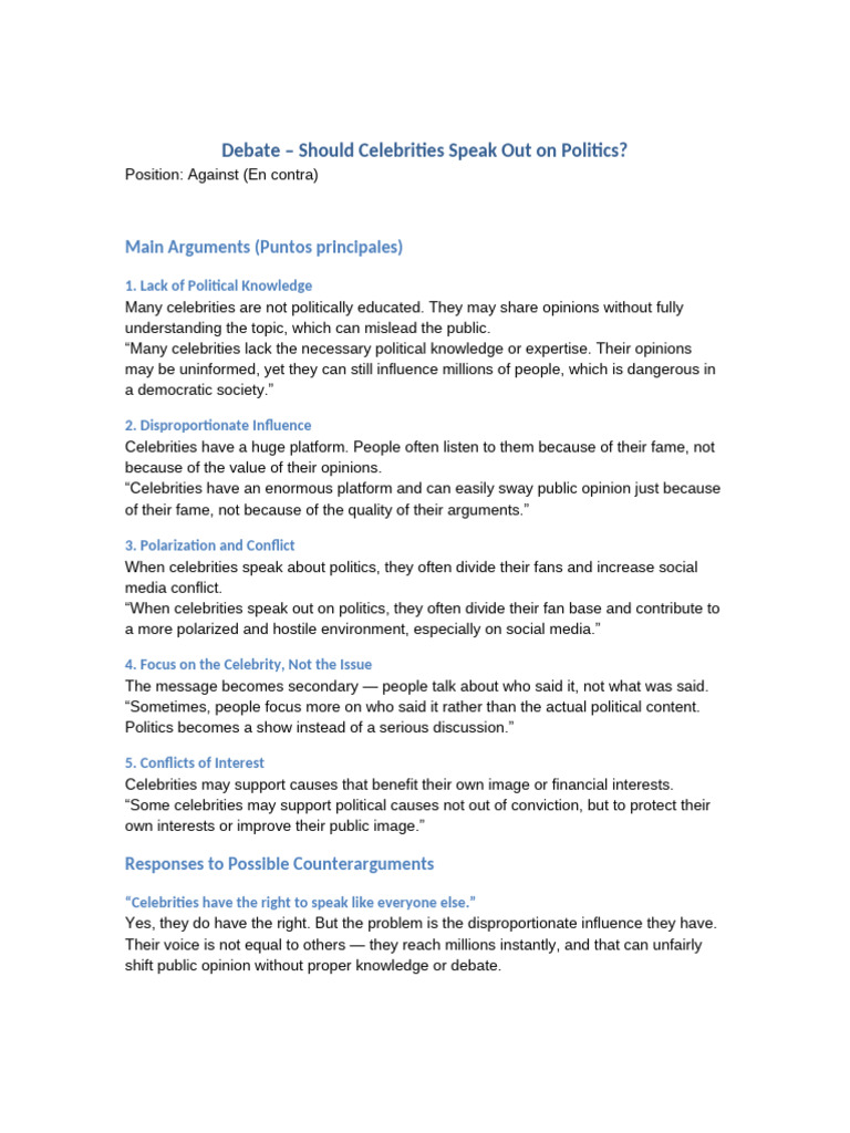 Debate Celebrities Politics EN Contra FINAL | PDF | Public Opinion ...