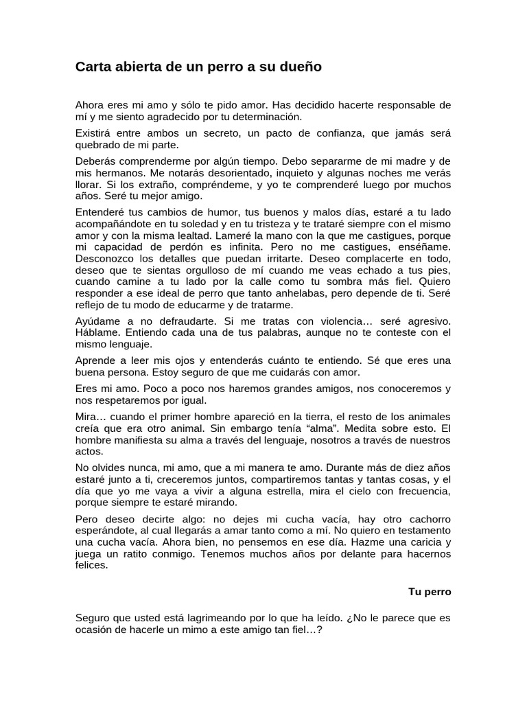 Carta de un perro a su nuevo dueño | PDF | Amor