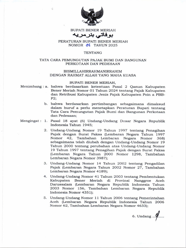 Perbub 01 Tahun 2025 Tata Cara Pemungutan PBB-P2 | PDF