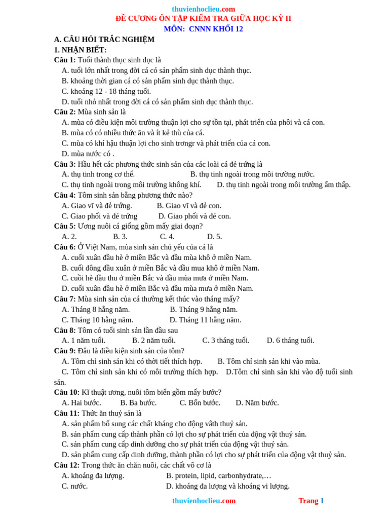 De Cuong On Tap Giua HK2 Cong Nghe Nong Nghiep 12 Canh Dieu 24 25 | PDF