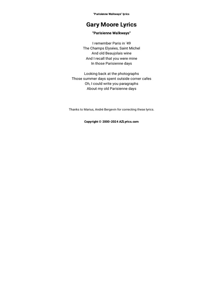 Gary Moore - Parisienne Walkways Lyrics | PDF