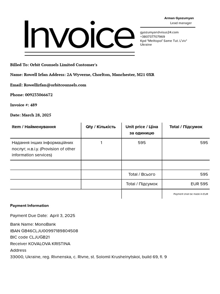 Invoice For Orbit 489 | PDF