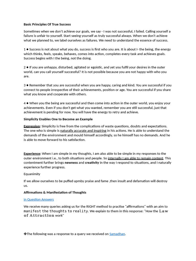 Basic Principles of True Success | PDF | Thought | Experience