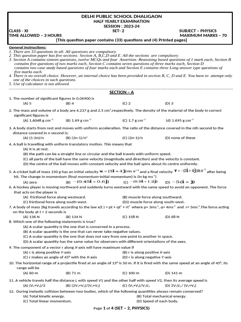 DT QUESTION PAPER SET-2 Class XI2023 FINAL | PDF | Force | Momentum