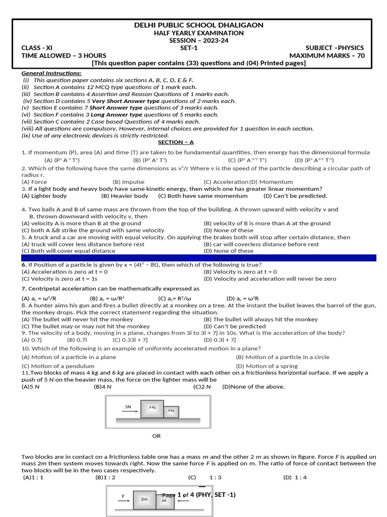 HD Phy 1ST Term Xi 23 Set-1 | PDF | Acceleration | Force