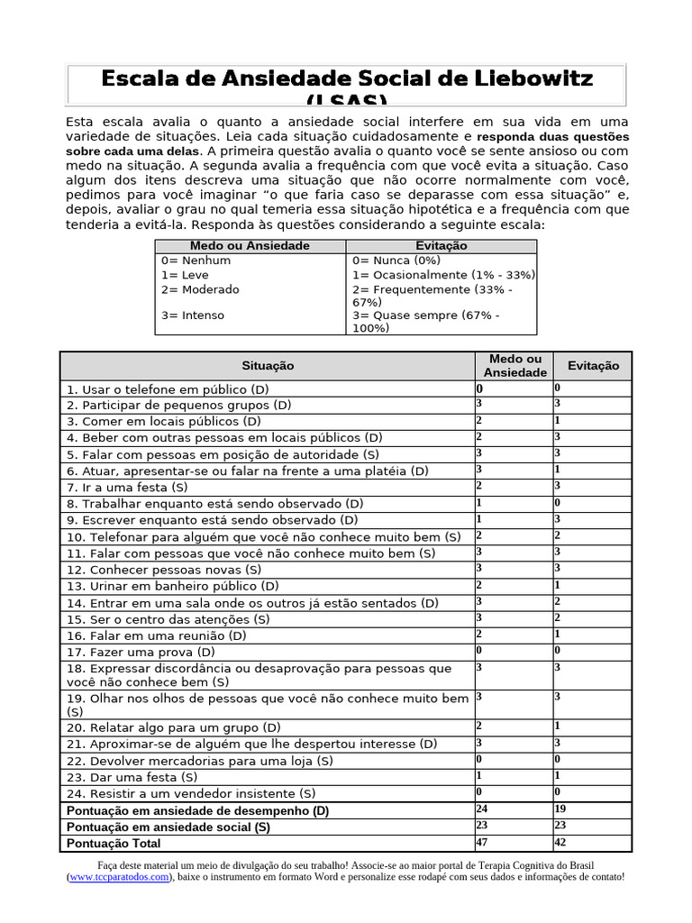 Escala de Ansiedade Social de Liebowitz (LSAS) P PDF | PDF | Transtorno ...