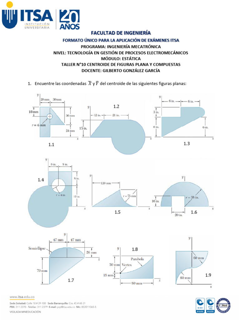 Taller N°10 Centroides de Figuras Planas y Compuestas | PDF