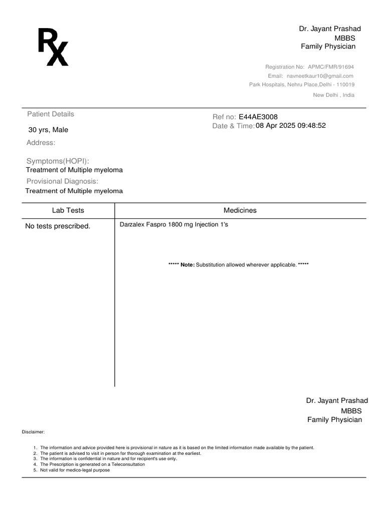 Darzalex Faspro 1800 mg Prescription | PDF | Health Sciences | Medical ...