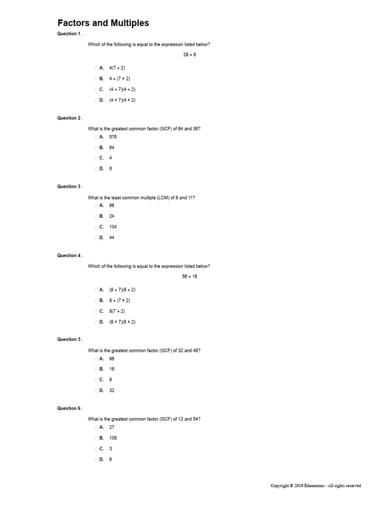 SI - 6.NS.B.4 - Factors & Multiples | PDF | Number Theory | Elementary ...