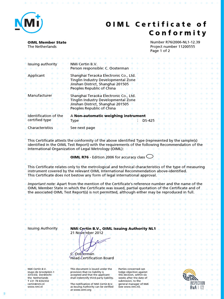 DS-425 OIML Certificate | PDF | Electrical Engineering | Electricity