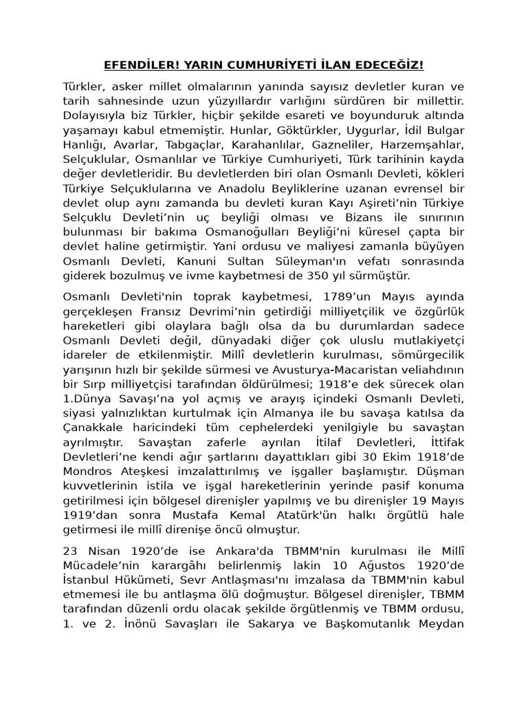 Efendi̇ler! Yarin Cumhuri̇yeti̇ İlan Edeceği̇z! | PDF