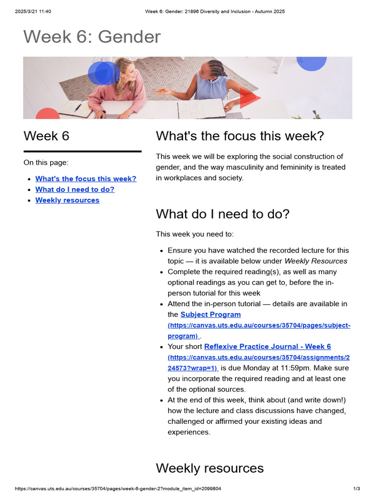 Week 6 - Gender - 21896 Diversity and Inclusion - Autumn 2025 | PDF ...