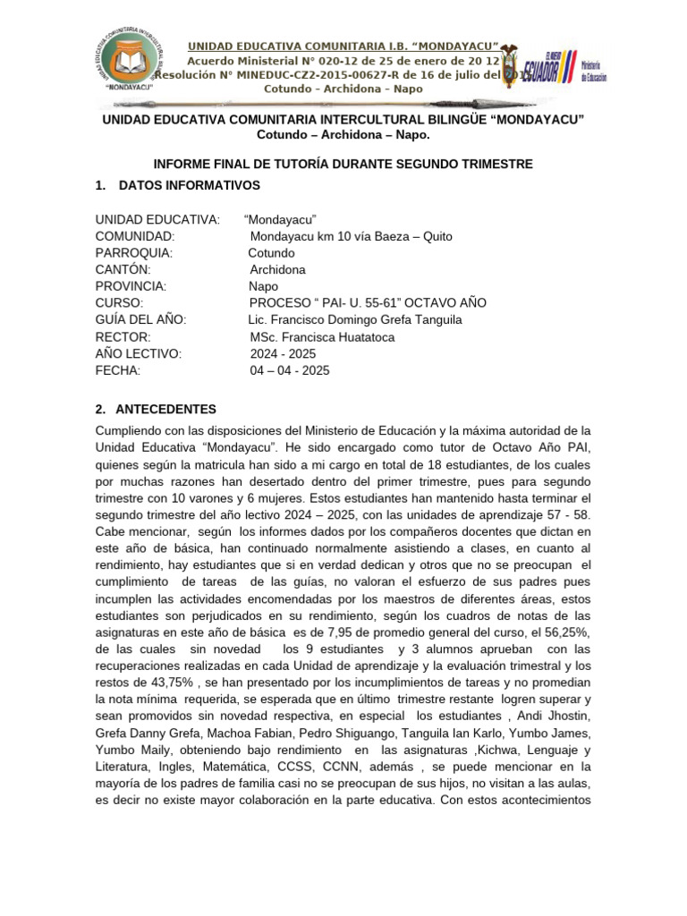 Informe Tutor 8vo. Año 24-25 | PDF | Cognición | Aprendizaje
