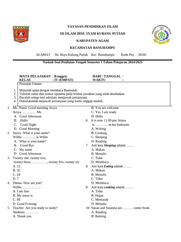 Soal Mid Exam 1 Kelas 4 B.inggris 2024 | PDF