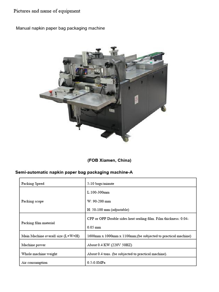 Semi-Automatic Paper Bag Machine Specs | PDF