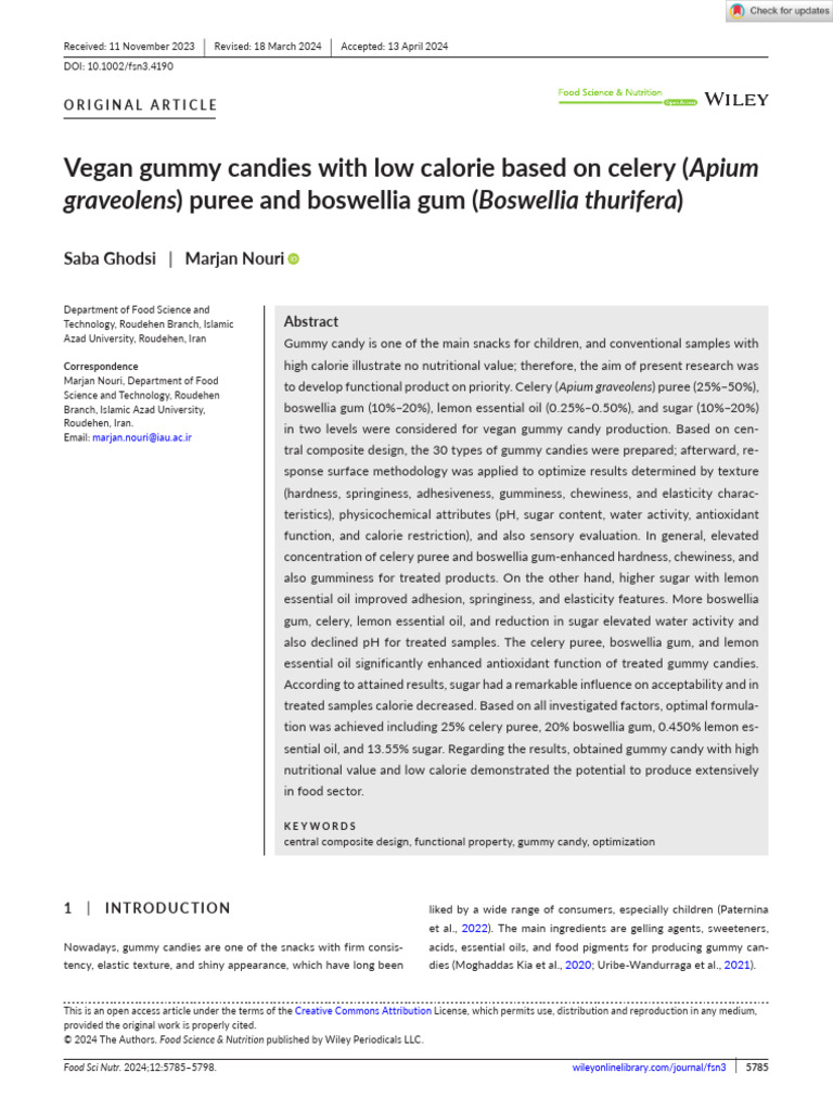 Food Science Nutrition - 2024 - Ghodsi - Vegan Gummy Candies With Low Calorie Based On Celery ...