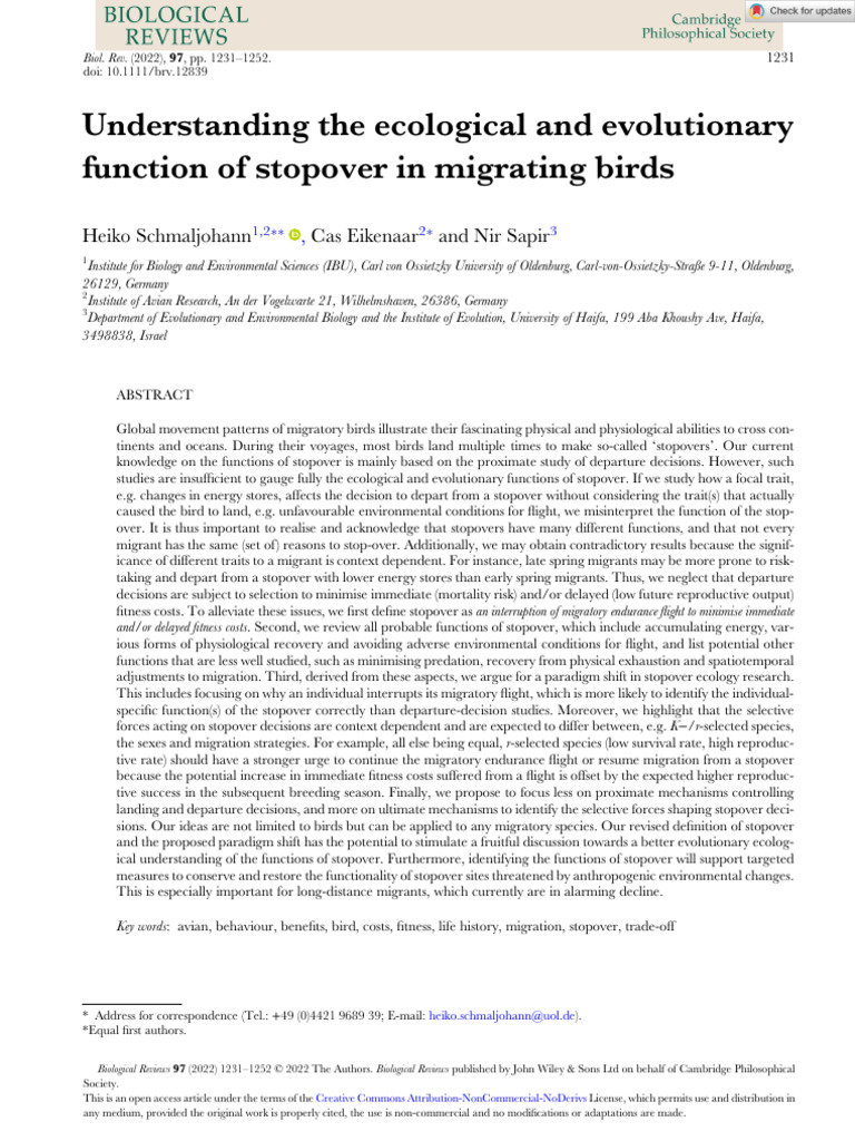 Understanding The Ecological and Evolutionary Function of Stopover in Migrating Birds | PDF ...