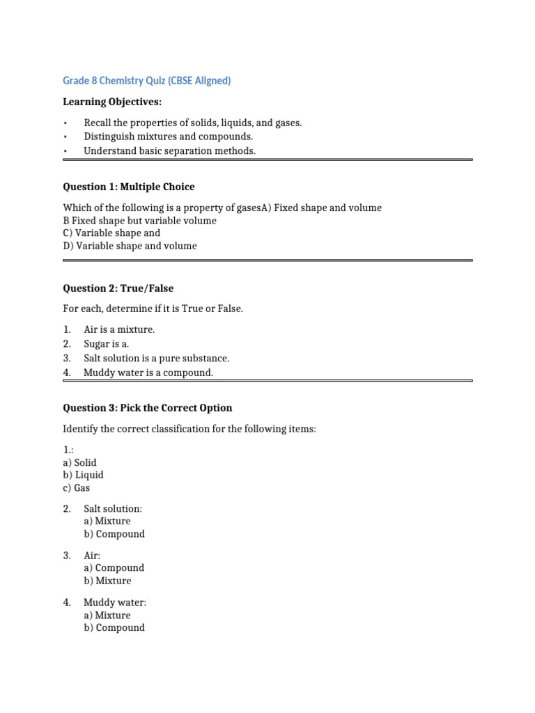 QUIZ States of Matter & Mixtures | PDF | Mixture | Filtration
