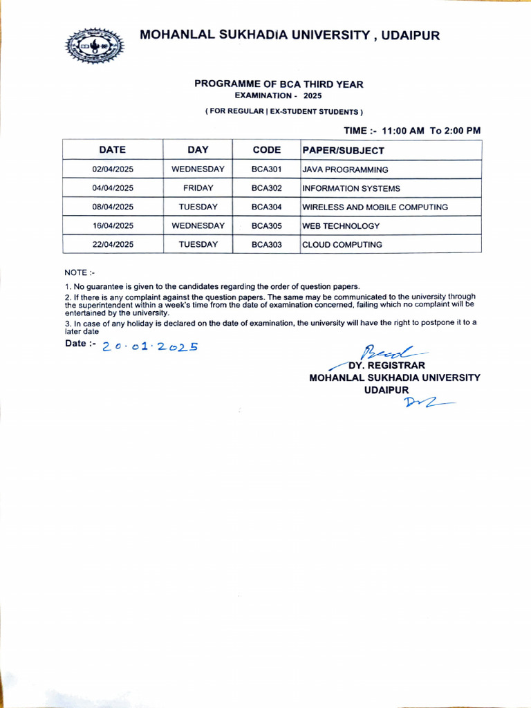 Time Table of BCA Third Year Examination 2025 (For Regular, Ex-Student Students) | PDF