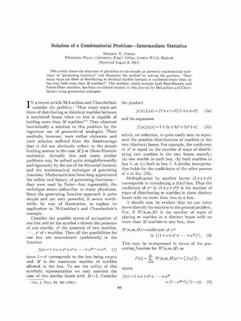 +Fisher - Solution of a combinatorial Problem - Intermediate Statistics [1962] | PDF