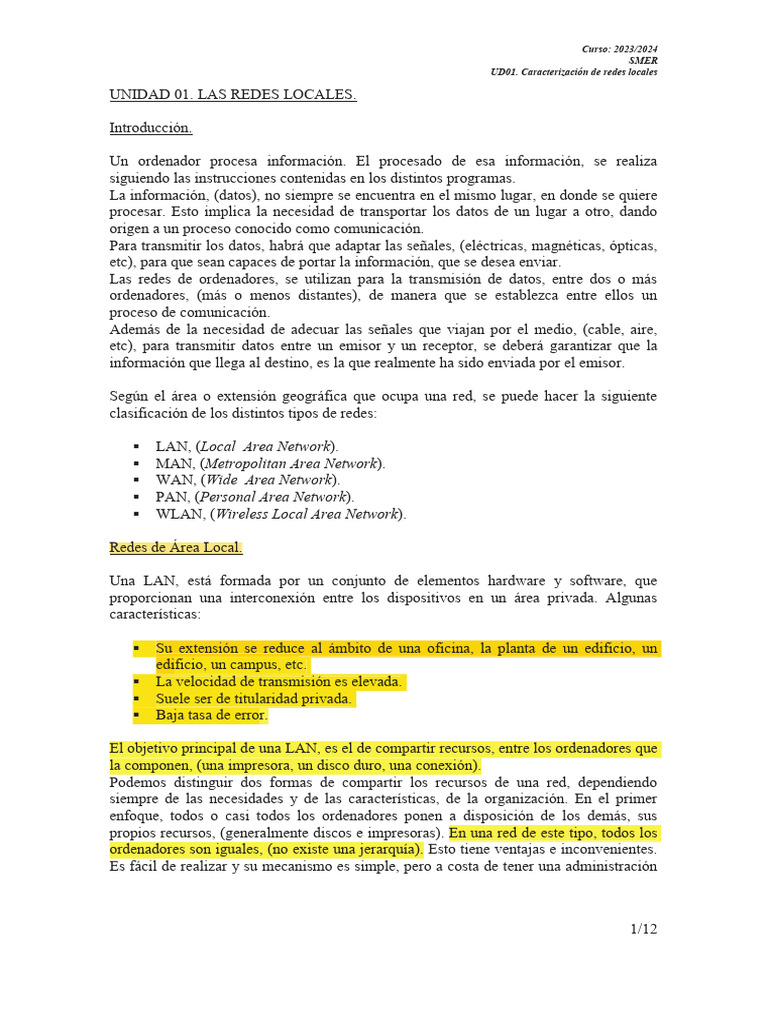 Ud01 - Caracterización de Redes Locales Resumen | PDF | Red de computadoras | Modelo osi
