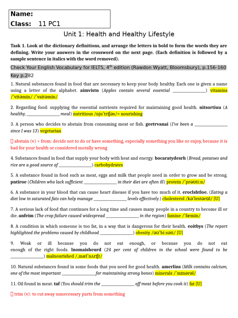 Lesson 1 Health and Healty Lifestyle Key | PDF | Foods | Dietary Fiber