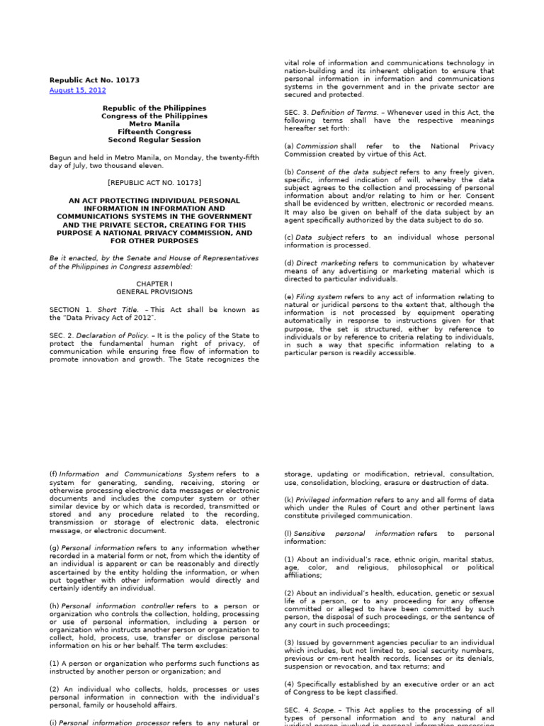 Ra 10173 Data Privacy Act Compress | PDF | Privacy | Information