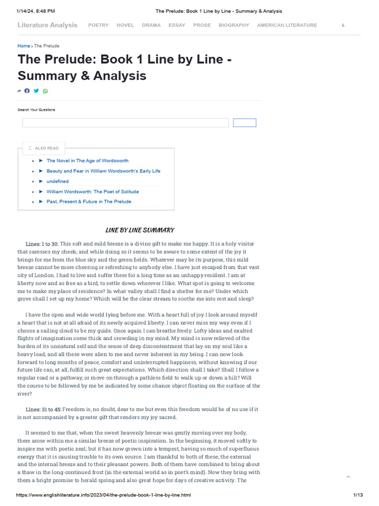 The Prelude - Book 1 Line by Line - Summary & Analysis | PDF | Poetry ...