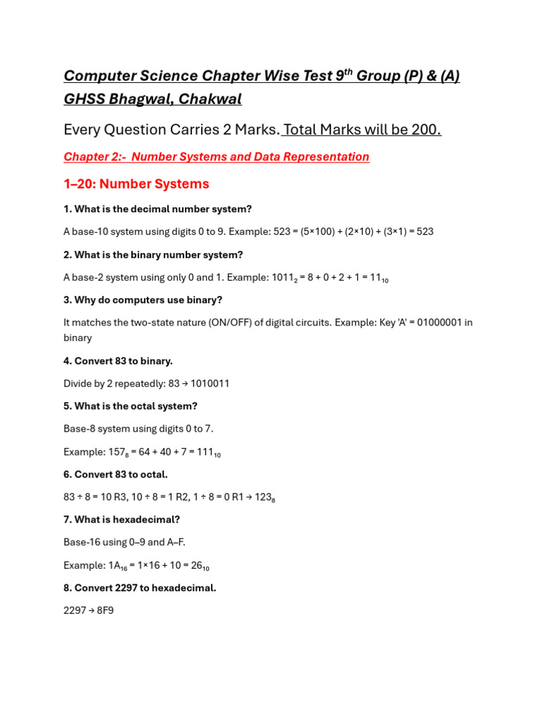 Chapter Wise Test 9th Class (P) & (A) | PDF | Integer (Computer Science ...