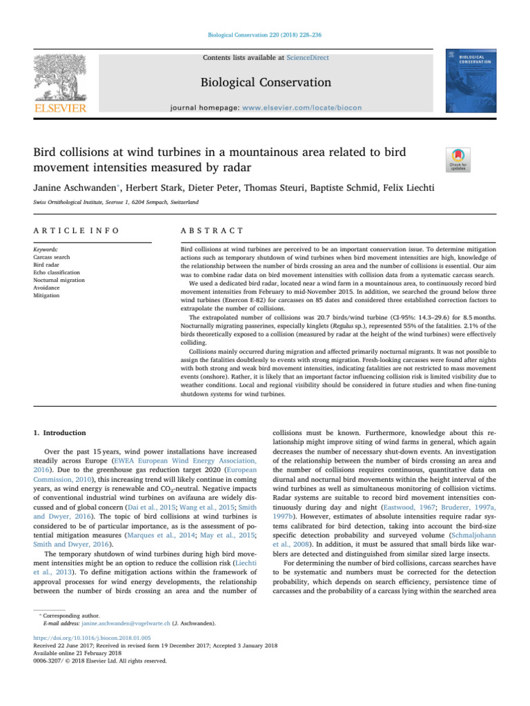 Bird Collisions at Wind Turbines in A Mountainous Area Related To Bird ...
