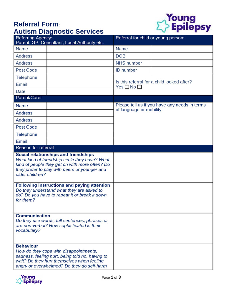 Young Epilepsy Health Services Autism Diagnosis Referral Form | PDF ...