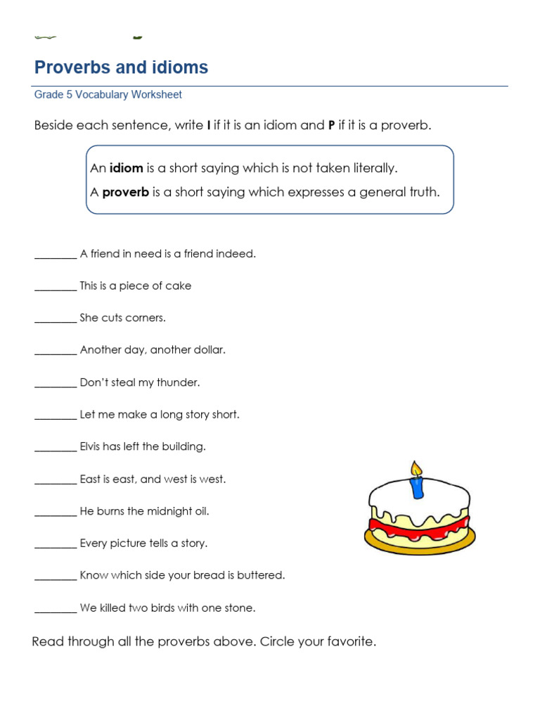 Idioms and Proverbs Worksheet for Grade 5 | PDF