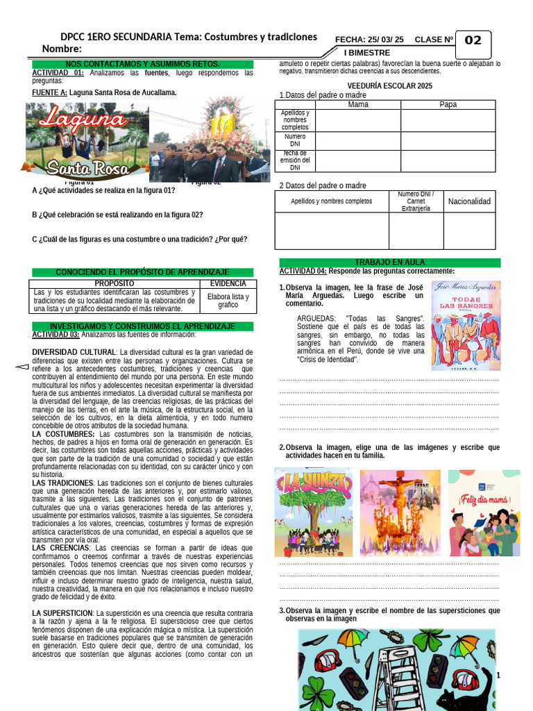CLASE 2 DPCC 1ERO CostumbresTradiciones | PDF | Tradiciones | Supersticiones