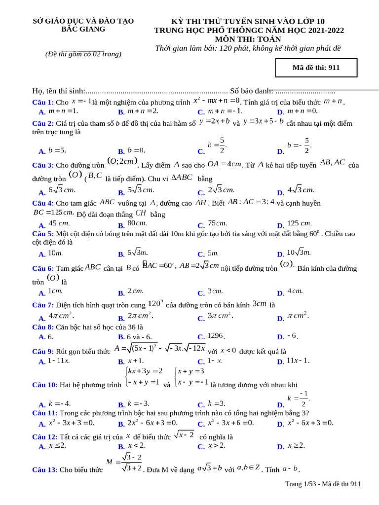 Đề thi thử toán 9 | PDF