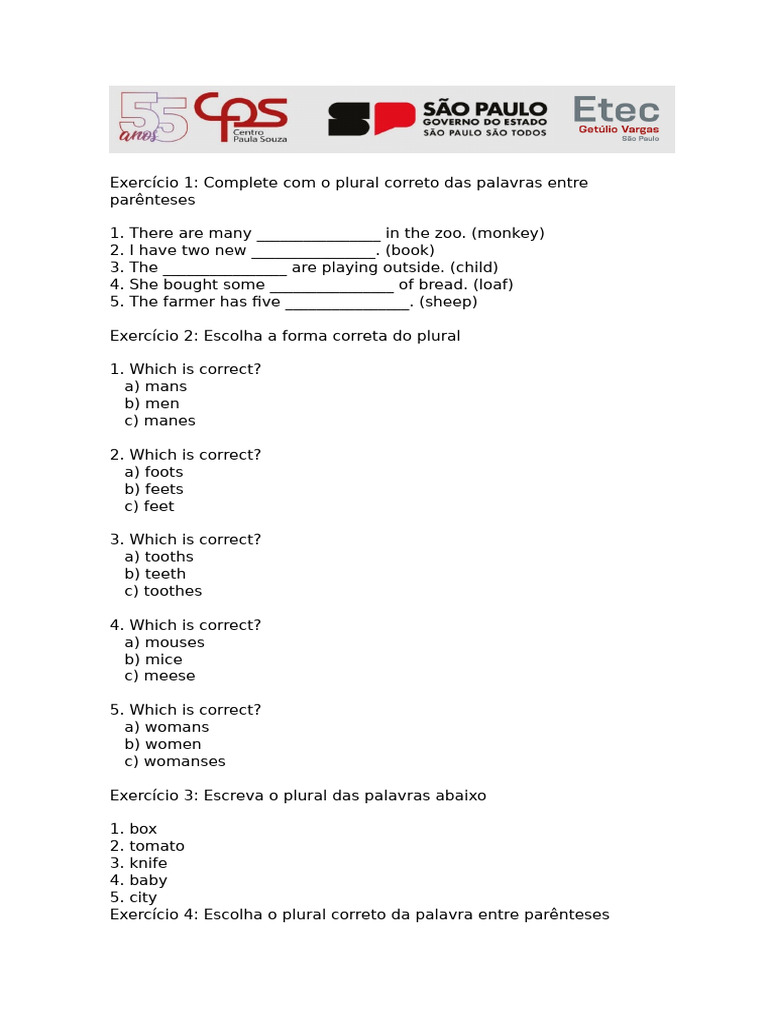 Exercises - Plural of Nouns | PDF