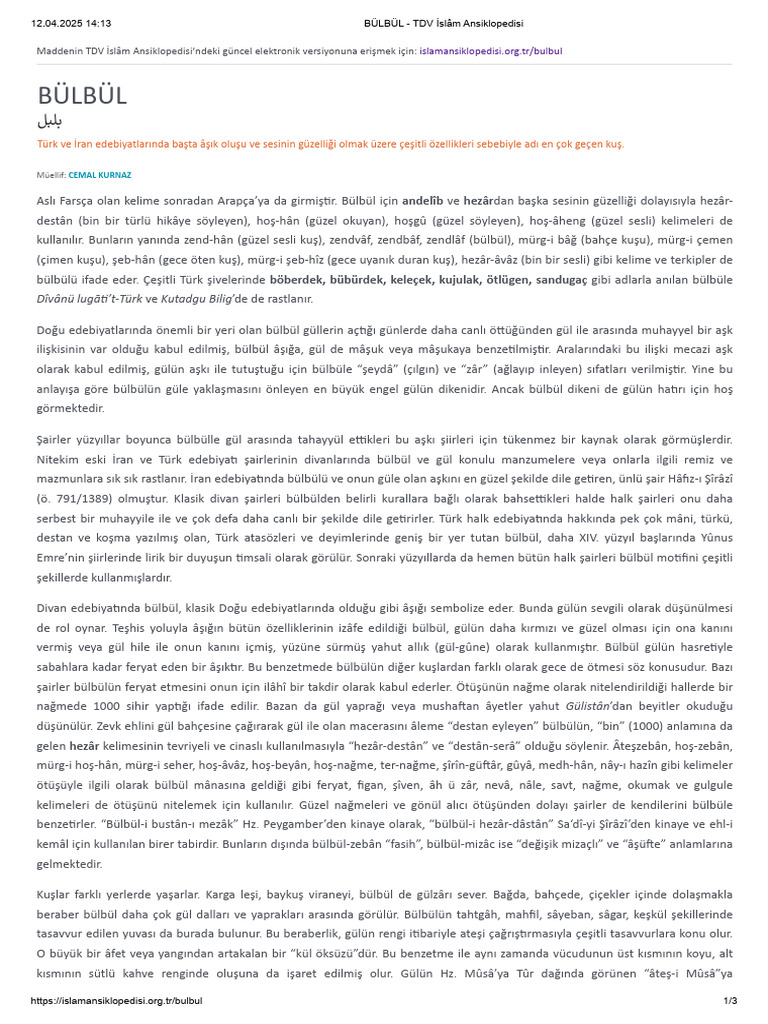 BÜLBÜL - TDV İslâm Ansiklopedisi | PDF