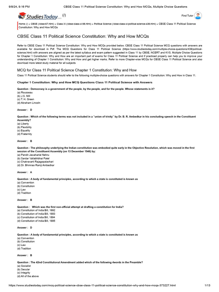 CBSE Class 11 Political Science Constitution - Why and How MCQS ...